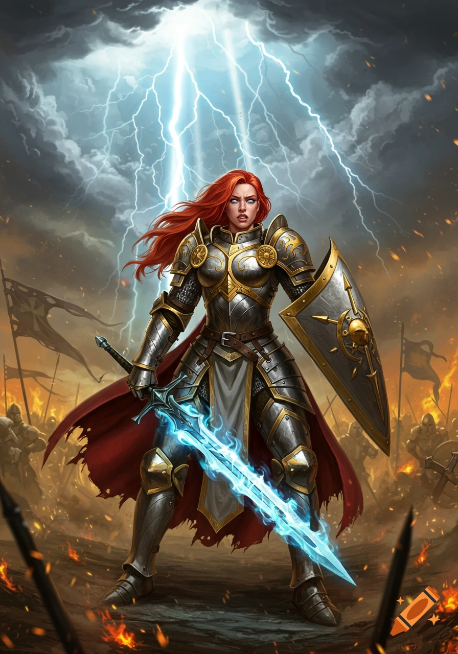 A stoic knight in ornate silver and gold armor with glowing runes ...