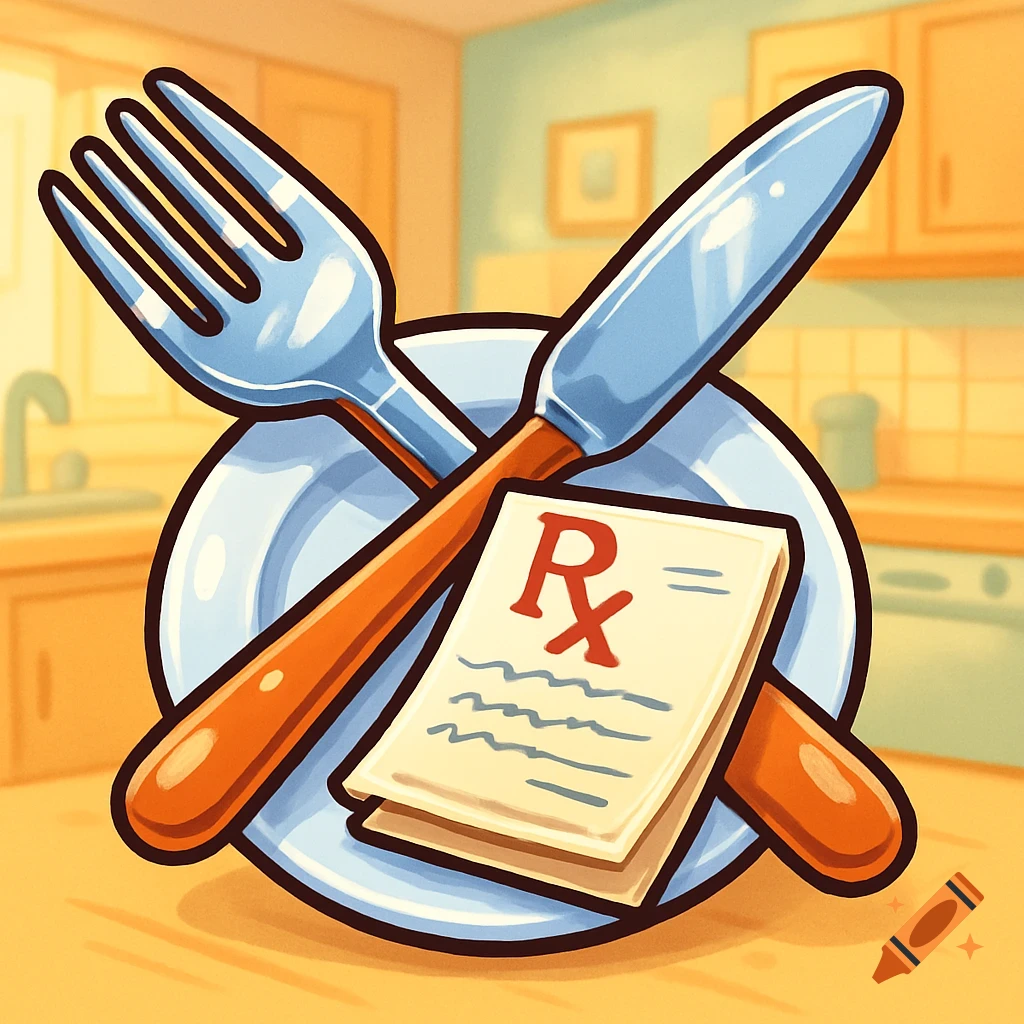 Cartoon logo of a fork and knife crossed on a plate with an Rx ...