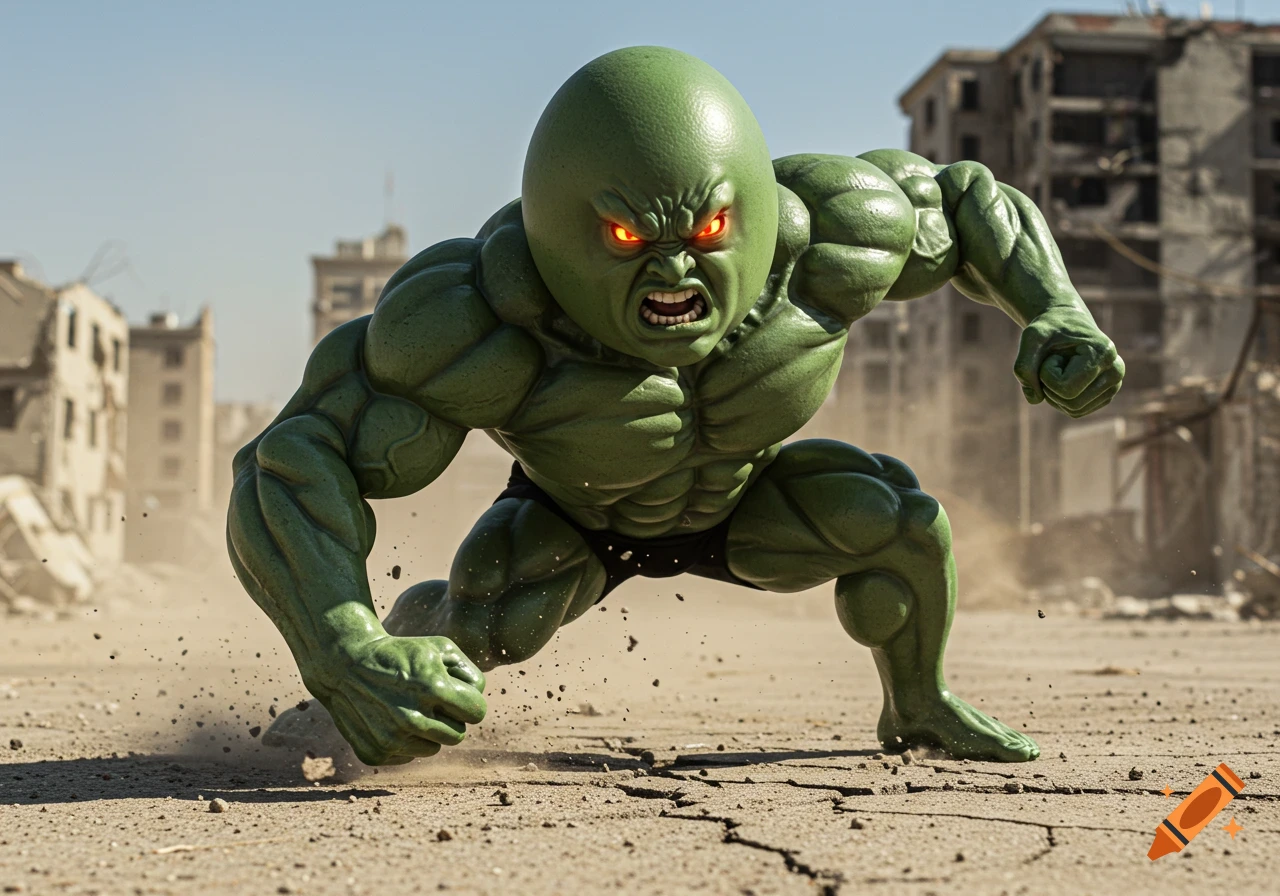 A raging, muscular green anthropomorphic egg man with glowing red eyes ...