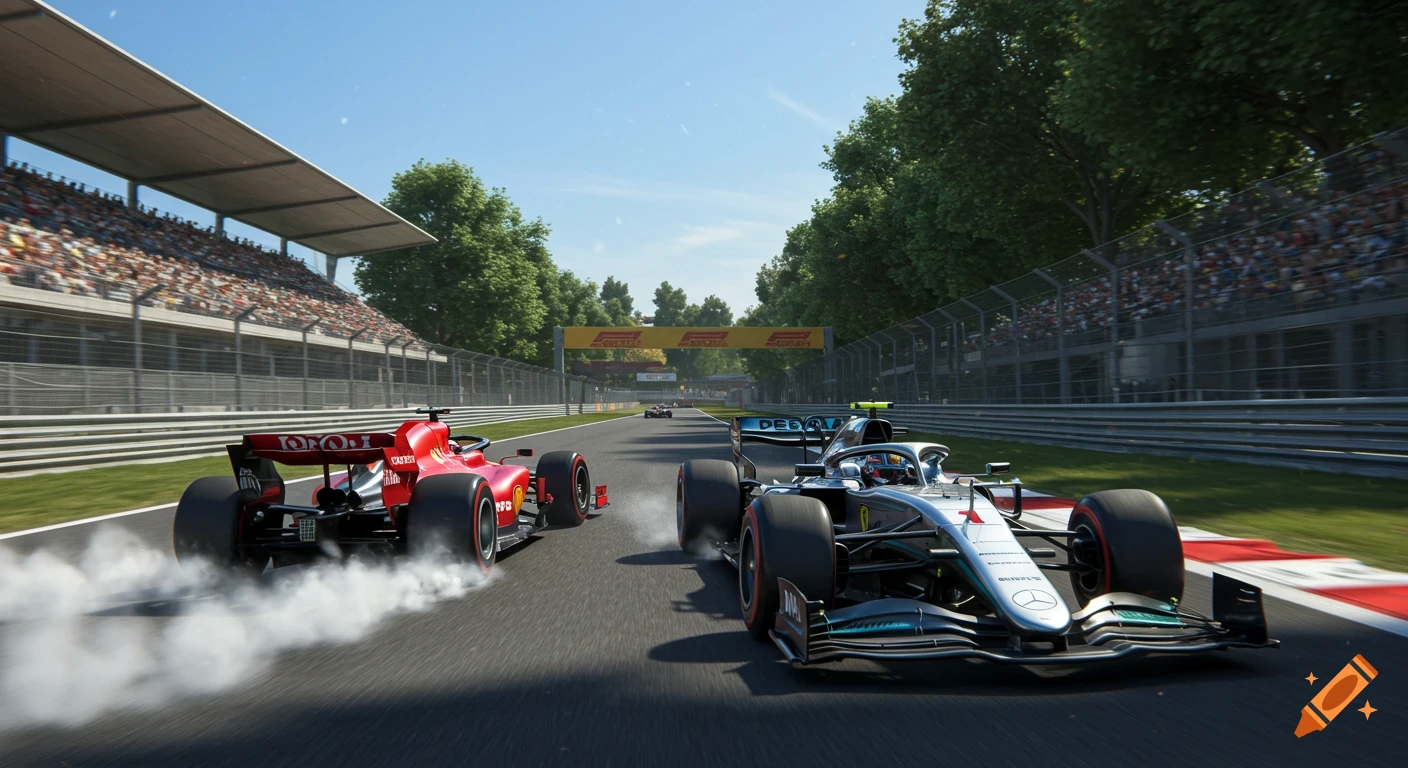 A turquoise Formula 1 car kicks up dust on a coastal race track with ...