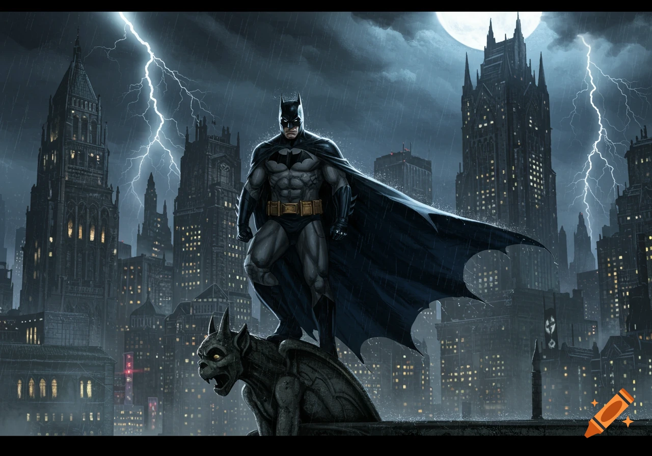 Superman flies facing Batman perched on a gargoyle in a stormy ...