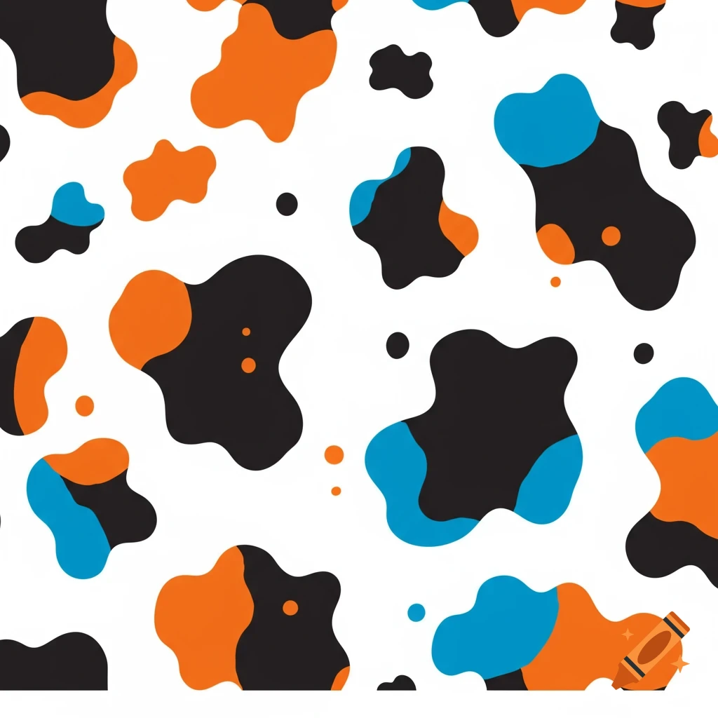 A vibrant, abstract cow print pattern with black, orange, and blue ...