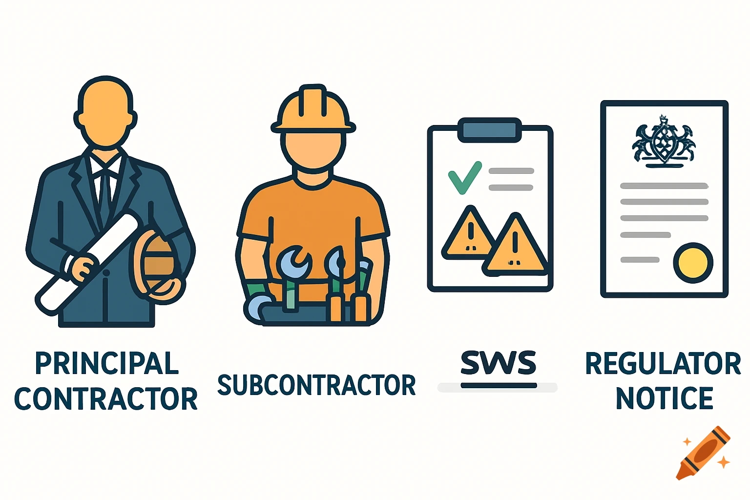 Flat-style infographic icons for Principal Contractor, Subcontractor, a ...