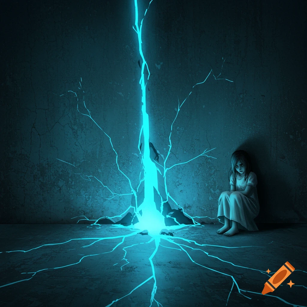 A crying girl in a white dress sits by a large, glowing blue crack in a ...