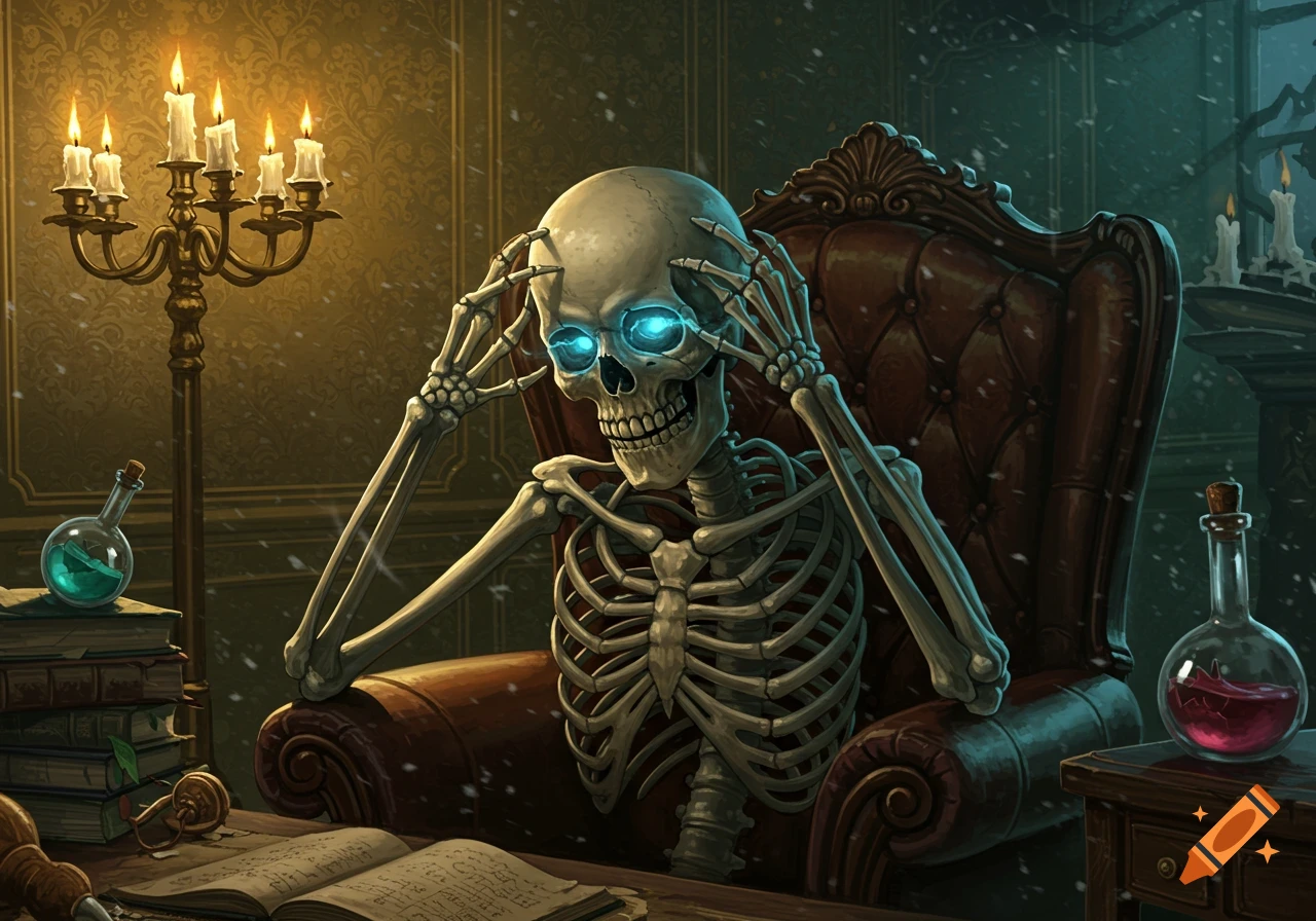 A skeleton in a top hat and bow tie dances at a spooky party in a ...