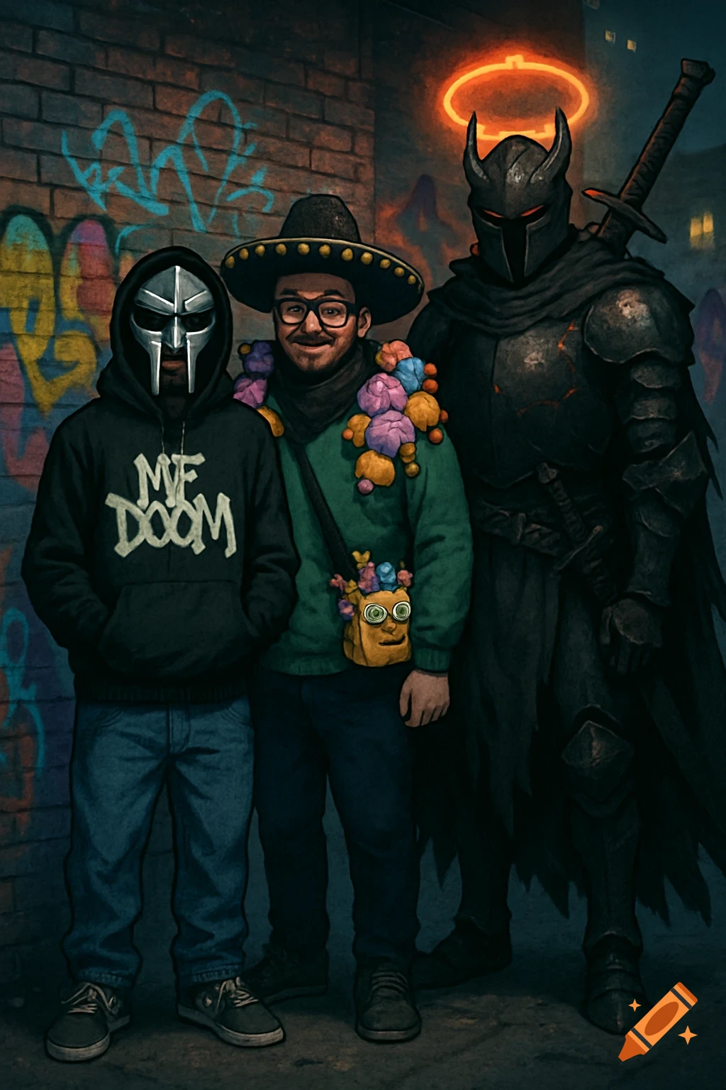 Three figures stand against a graffiti-covered brick wall at night: a ...