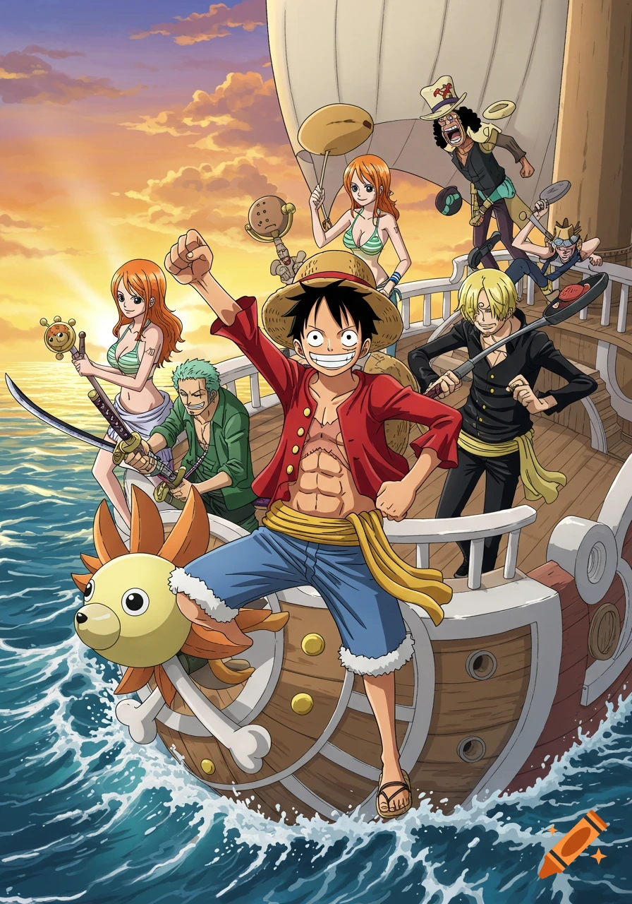 Anime illustration of Luffy and the Straw Hat Pirates on the Thousand ...