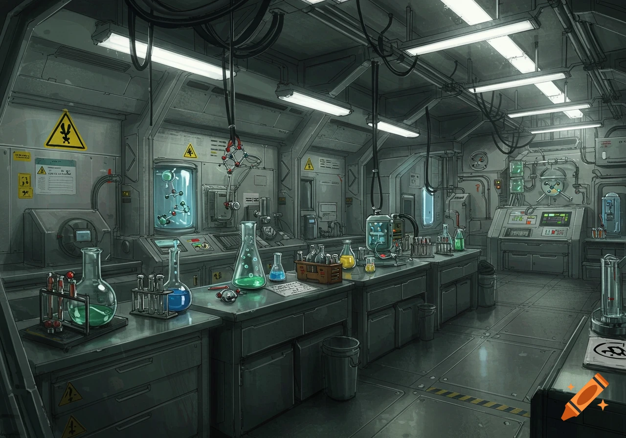 A stylized, dimly lit science fiction laboratory with various beakers ...