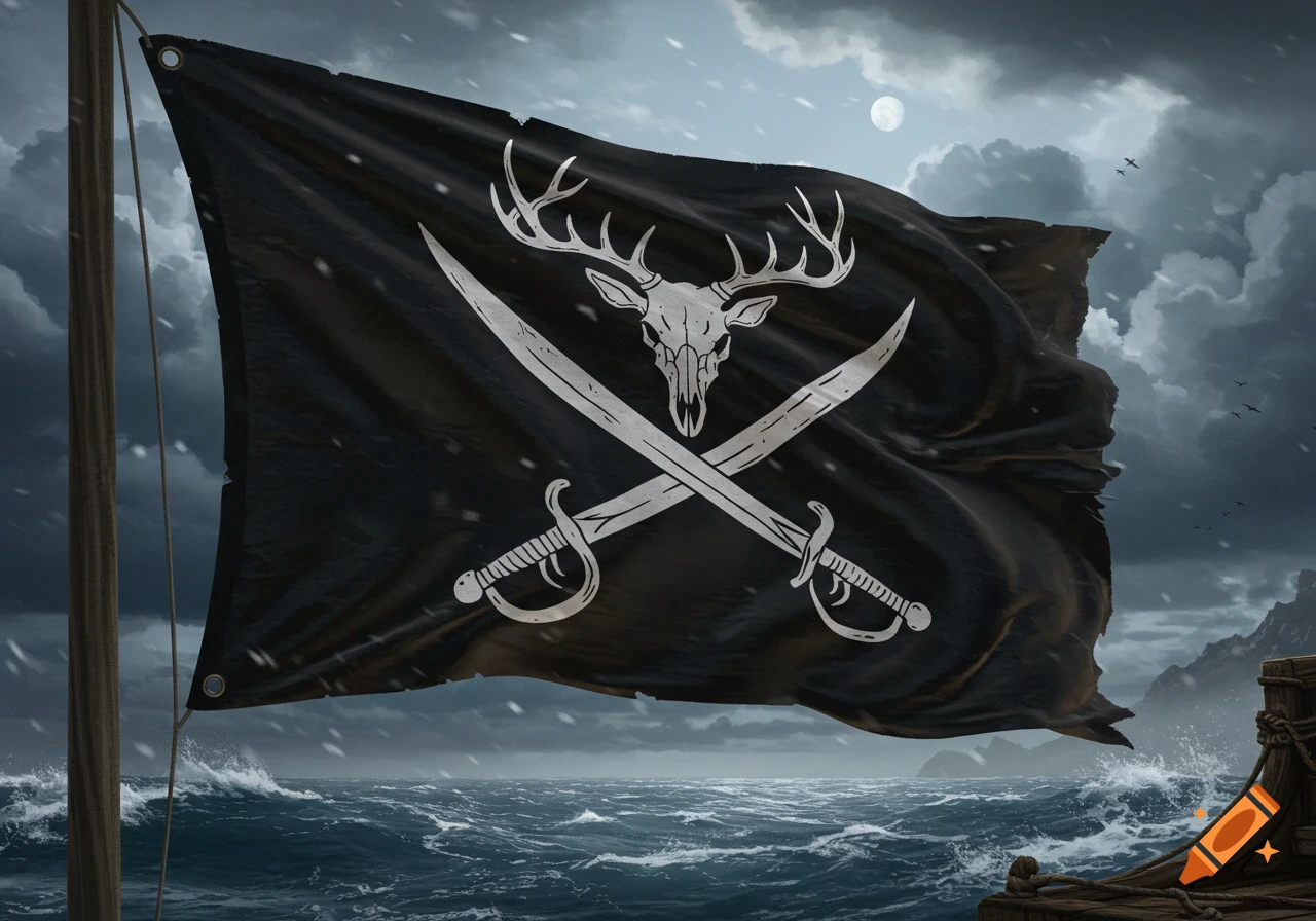 A black and white tattered pirate flag with a moose skull and crossed ...