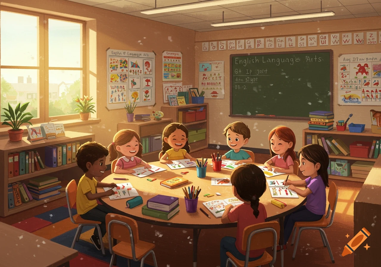 A colorful classroom with student projects featuring child portraits on ...