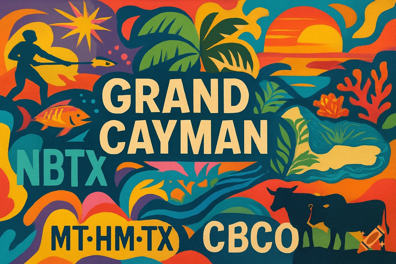 Vibrant pop art collage of tropical Grand Cayman with text, including a ...