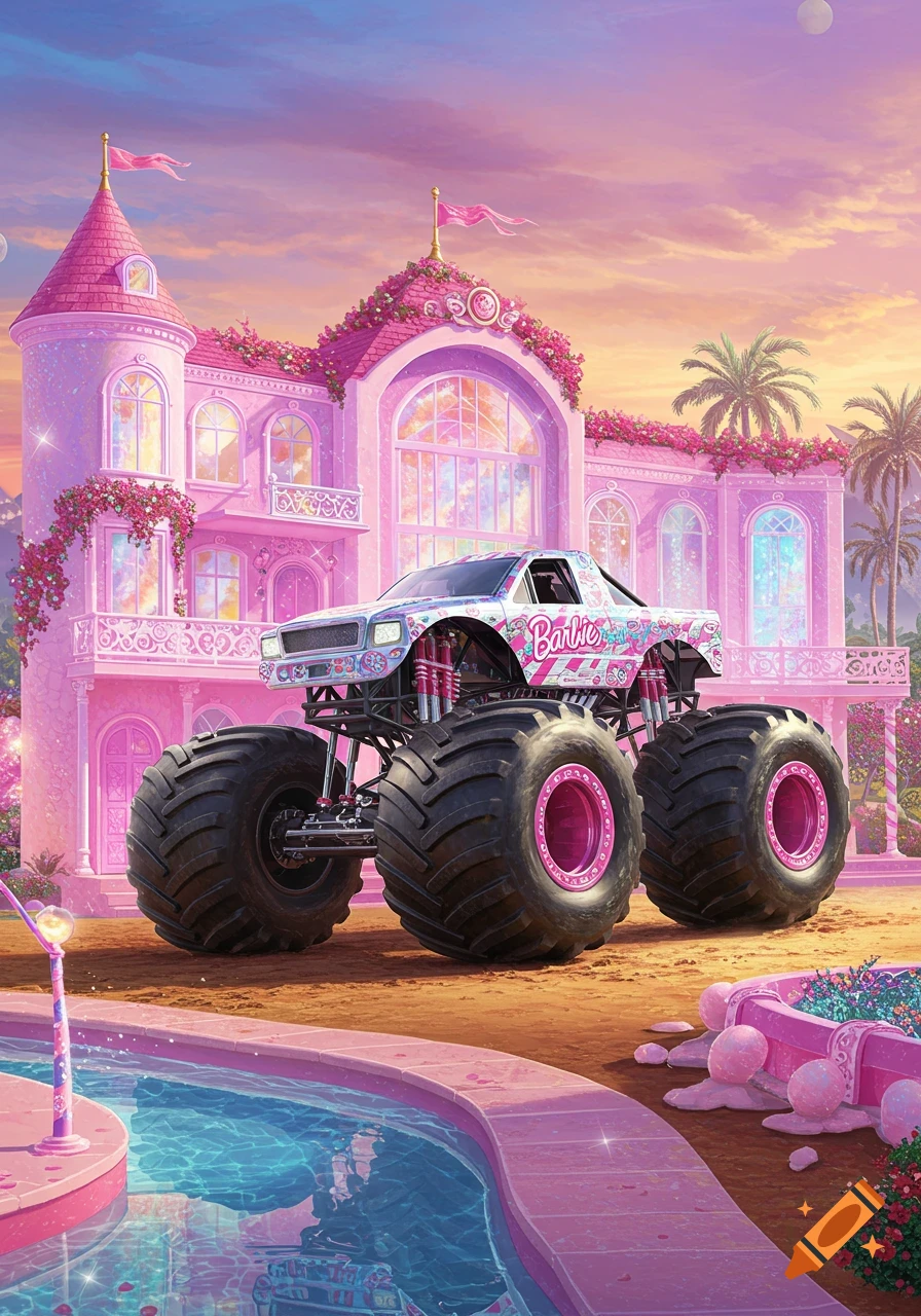 A large pink monster truck with 'Barbie' branding in front of a ...