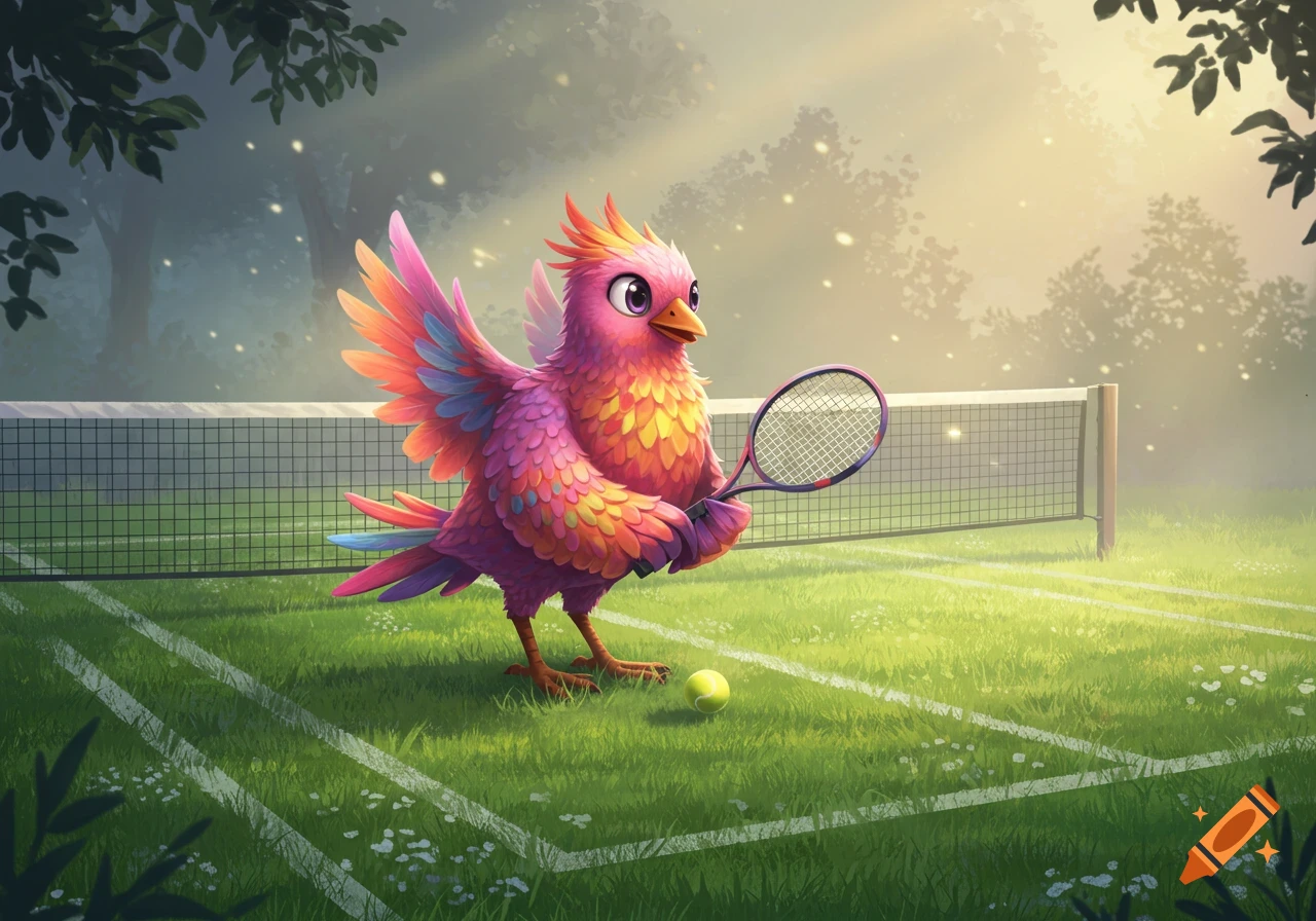 A vibrant, pink and orange cartoon bird holds a tennis racket on a ...