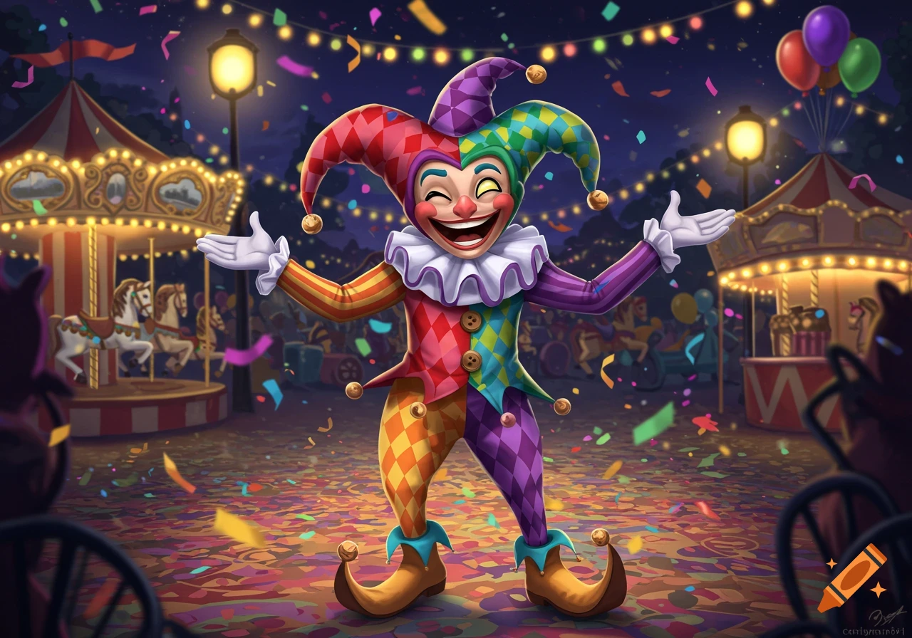 A colorful jester performs on a spotlighted stage in a grand, medieval ...