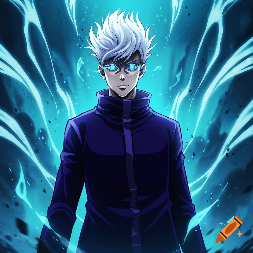 An anime character with white spiky hair and glowing blue eyes stands ...
