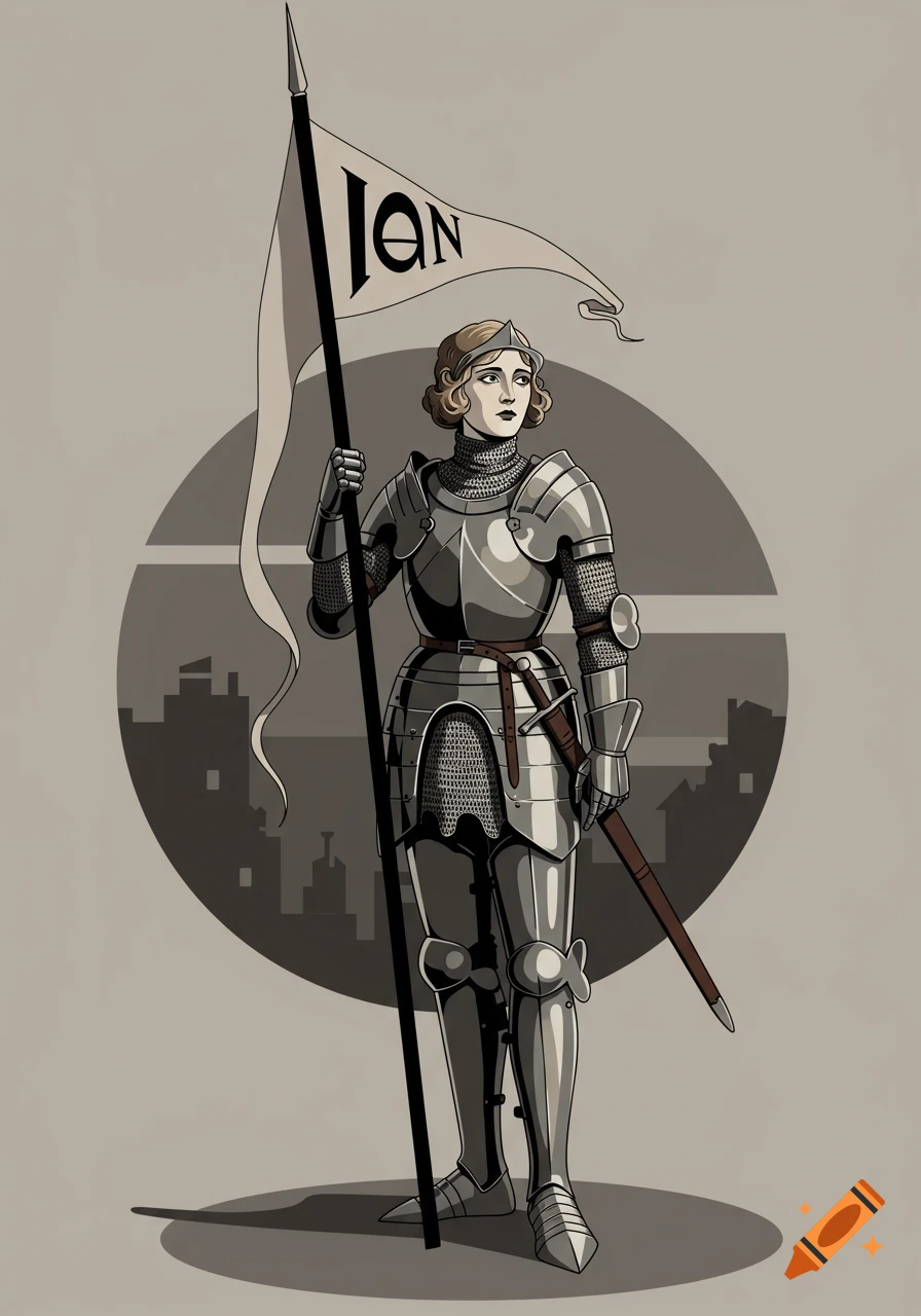 A line drawing of Joan of Arc in full plate armor holding a spear and ...
