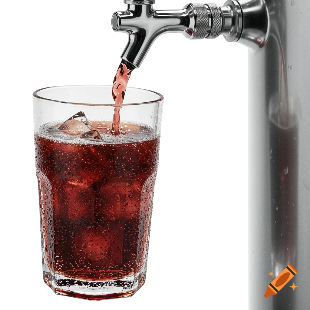 A dark red carbonated drink with ice being poured into a glass from a ...
