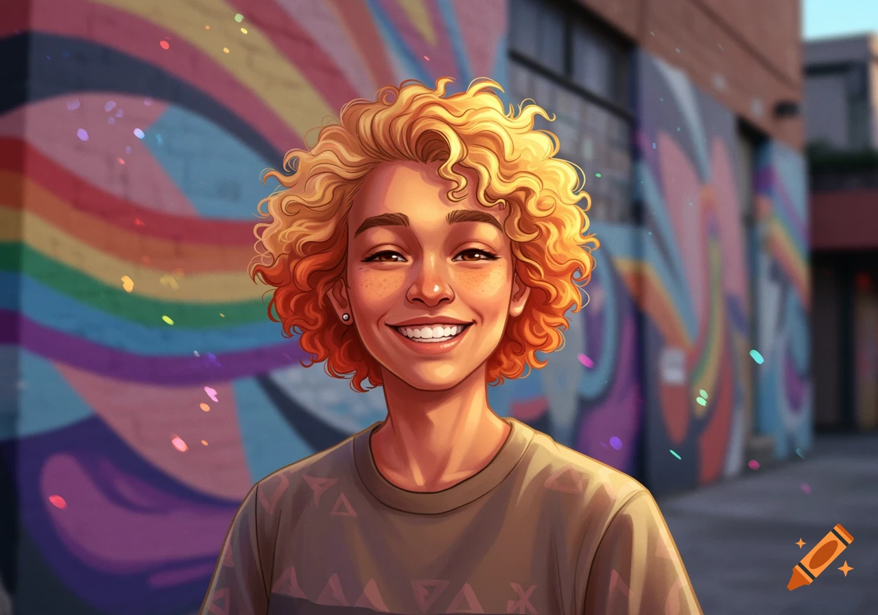 An illustration of a smiling non-binary person with short curly blonde ...