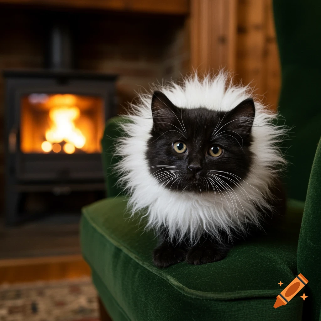 A black cat with a spiky white mane sits on a green velvet armchair in ...