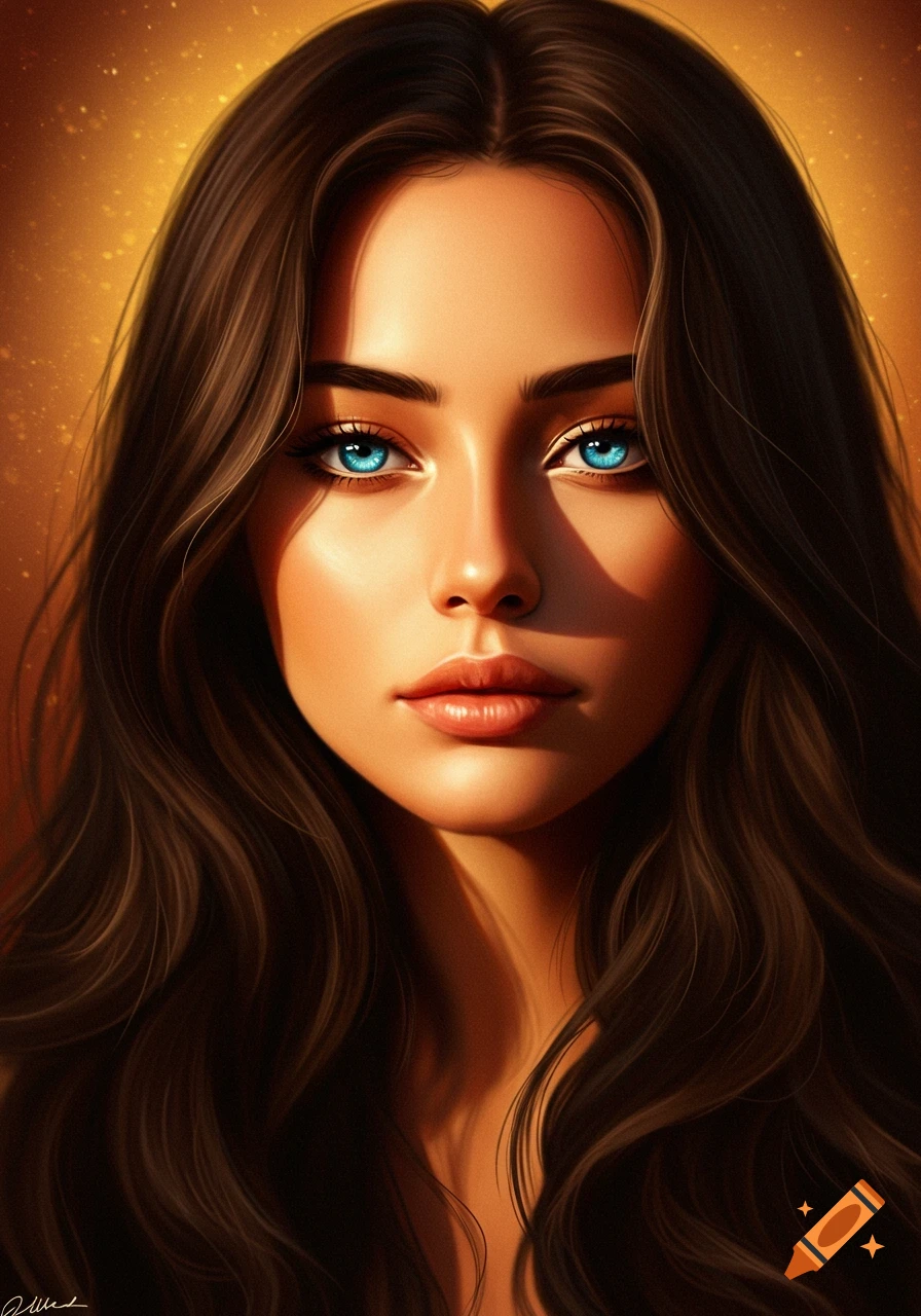A close-up digital art portrait of a woman with long dark hair and striking bright blue eyes ...