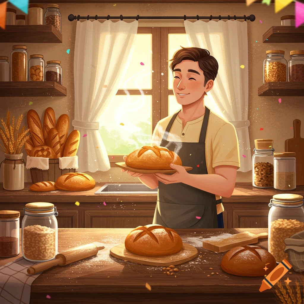 Smiling man in apron holding a warm loaf of bread in a rustic kitchen ...
