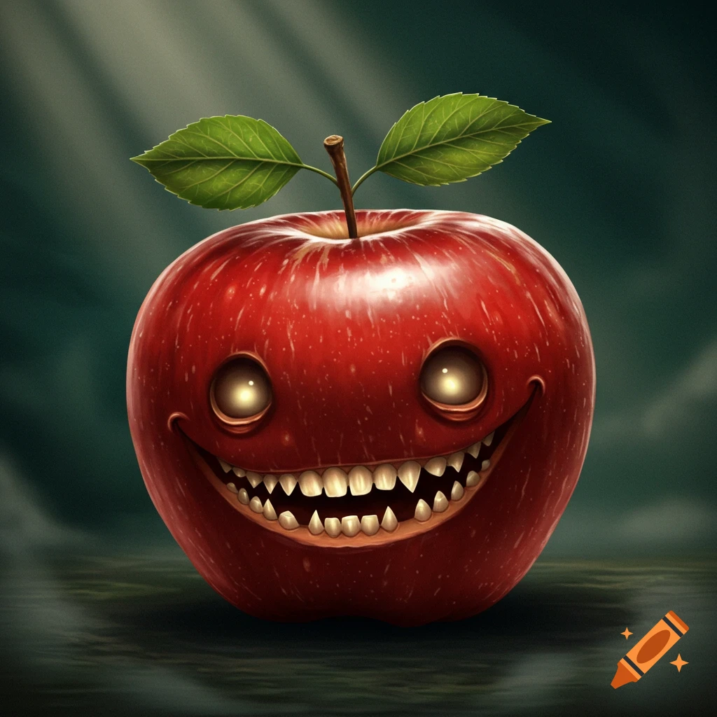 A photorealistic, distorted orange with creepy human eyes and a wide ...