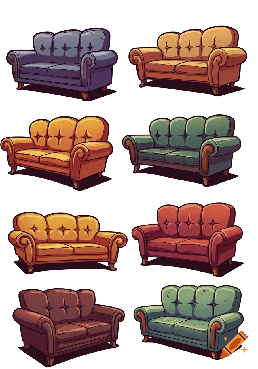 A grid of eight stylized, colorful couches with bold outlines and cel ...