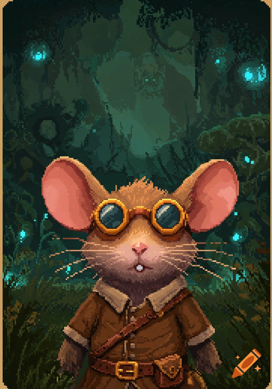 A pixel art portrait of a mouse wearing steampunk-style goggles against ...