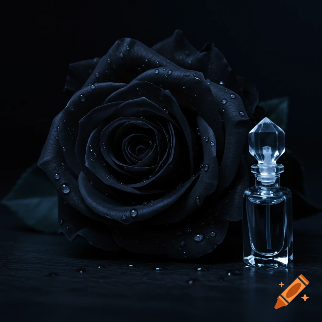 A dark, moody still life featuring a black rose covered in water ...