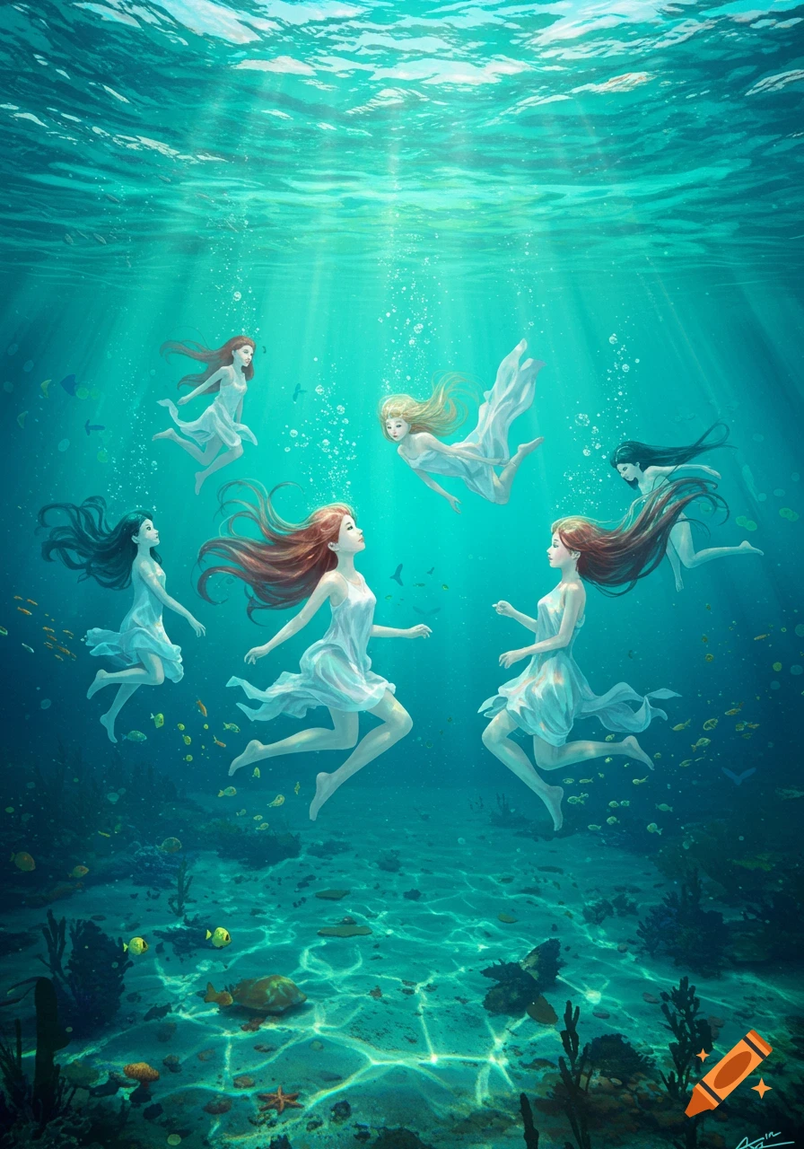 Six ethereal women in flowing white dresses float in sunlit blue-green ...