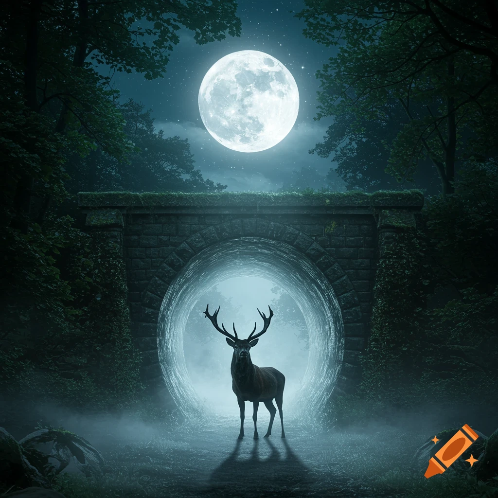 Dark woods at night with a full moon on Craiyon