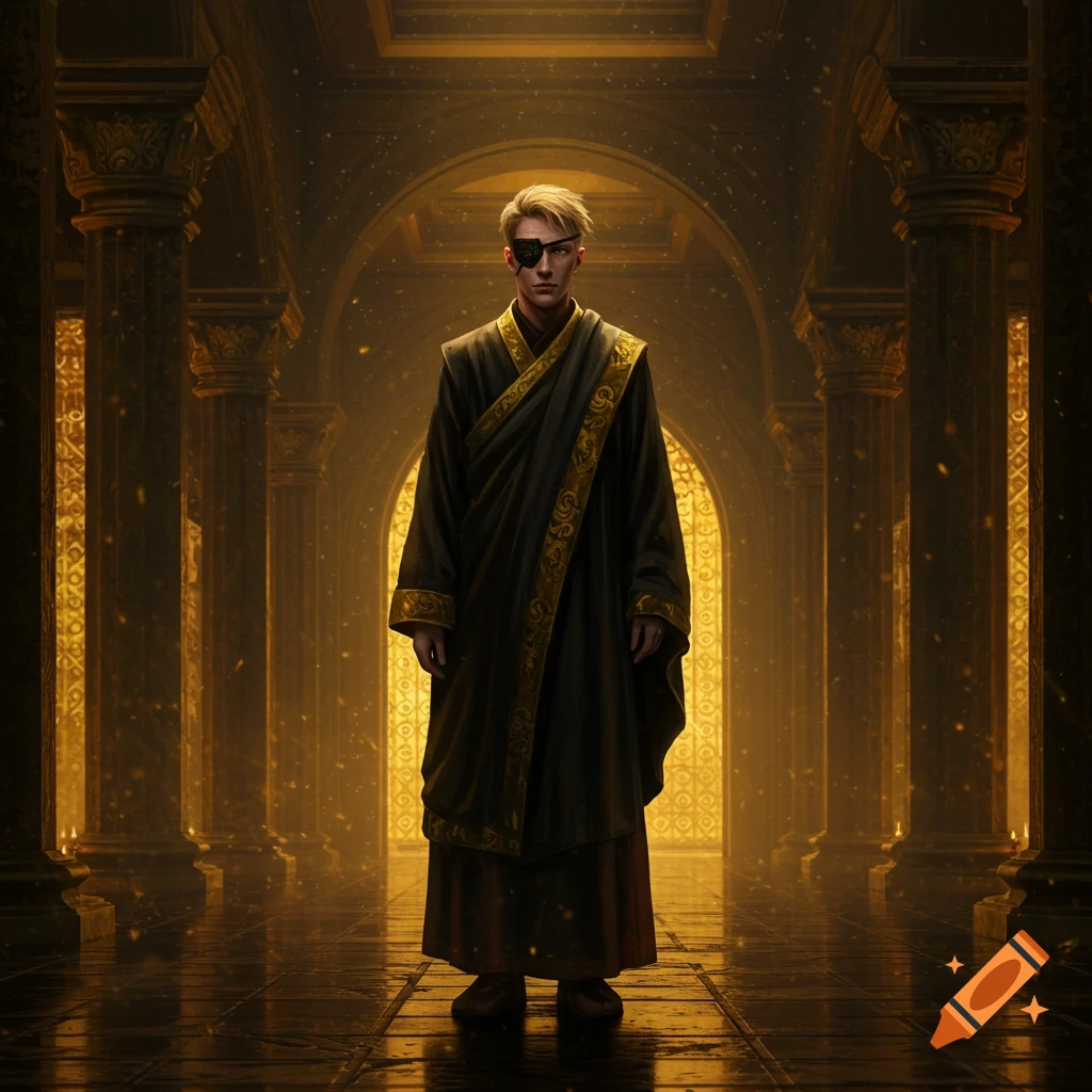 A blonde man with an eye patch in black and gold robes stands in a ...