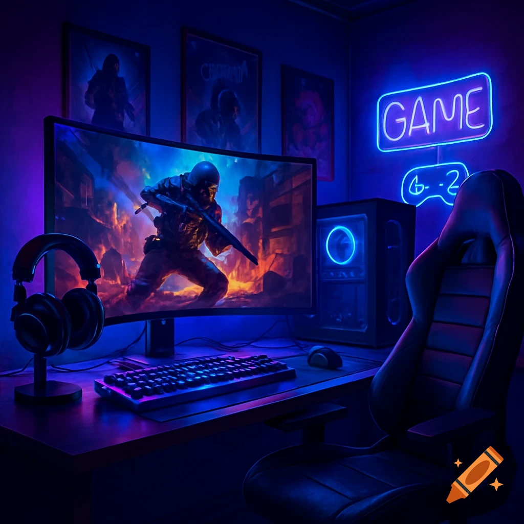 A neon-lit gaming setup featuring a large curved monitor displaying an action game, a PC tower ...