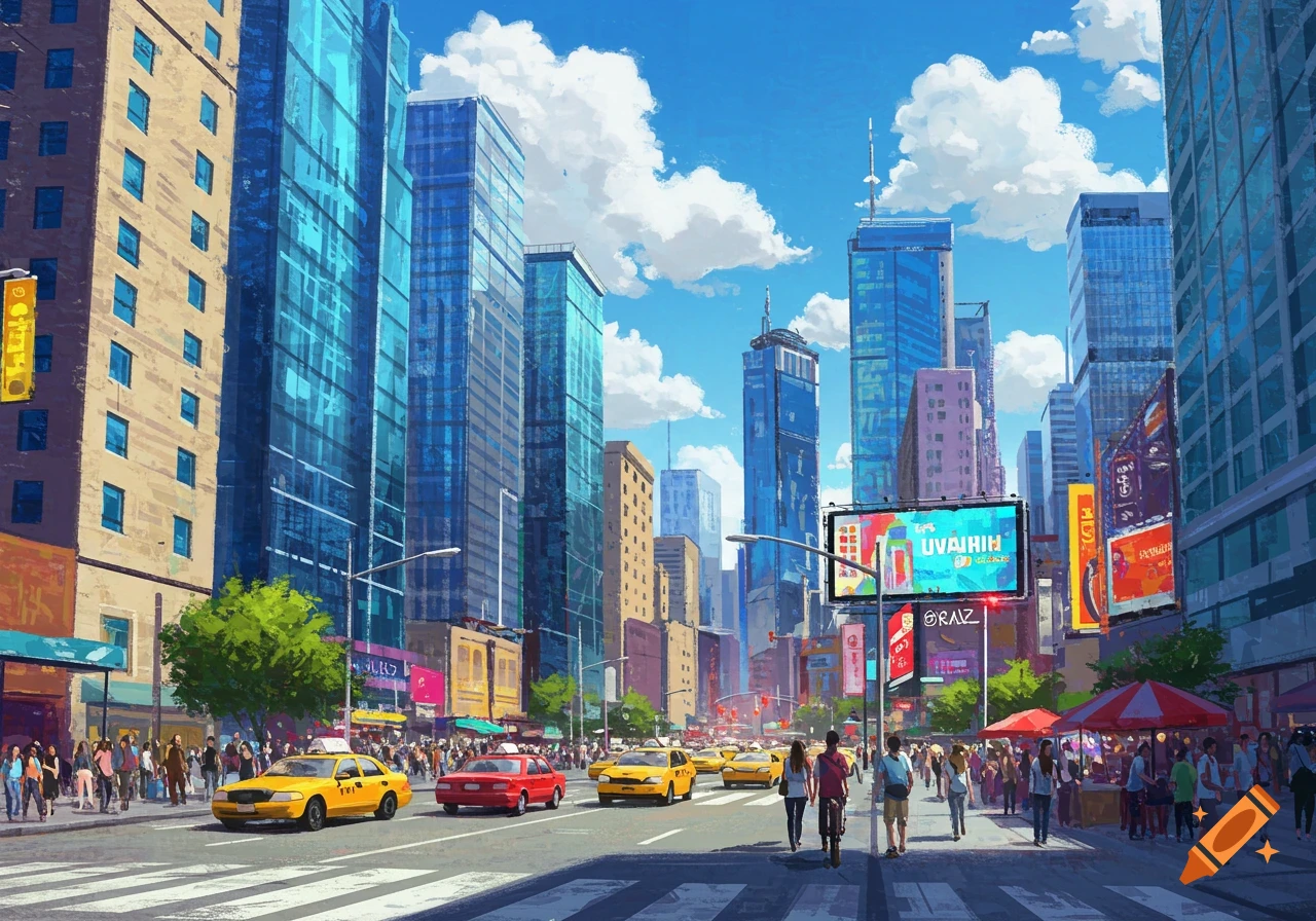 A bright and saturated, painterly city street scene with tall buildings ...
