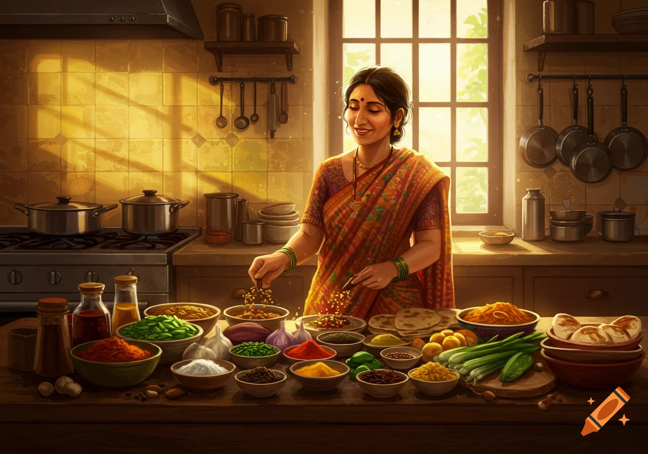 Woman in a colorful sari cooking in a cozy kitchen with a counter full ...