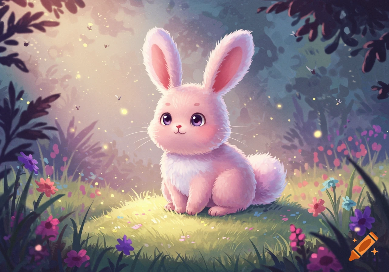 A fluffy white cartoon bunny with big brown eyes holds a pink flower ...