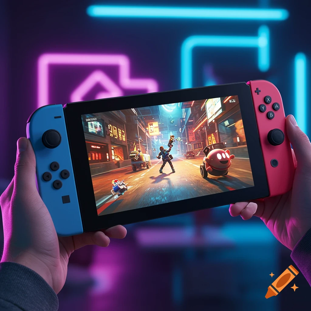 A close-up, photorealistic shot of a black and red Nintendo Switch ...