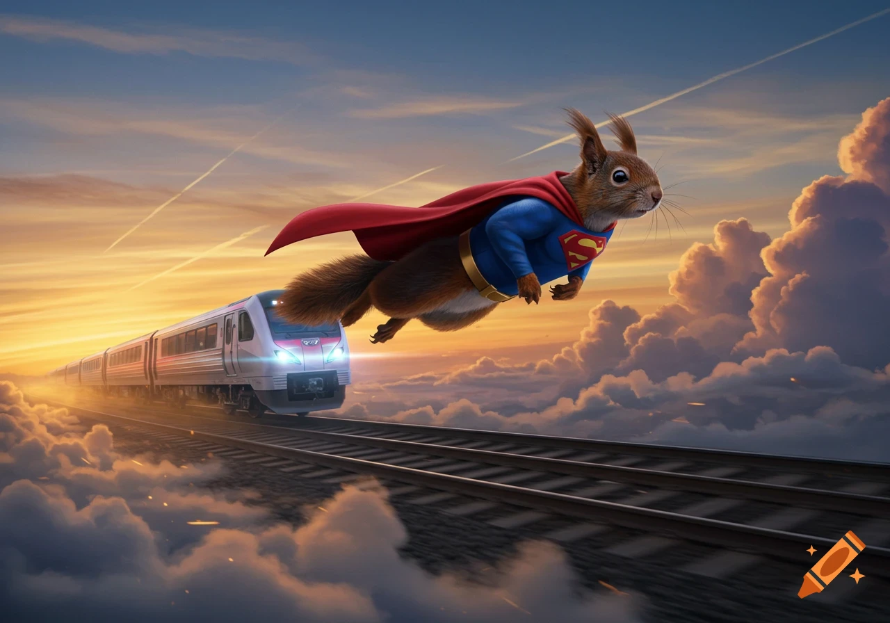 A super squirrel wearing a Superman suit flies next to a speeding train ...