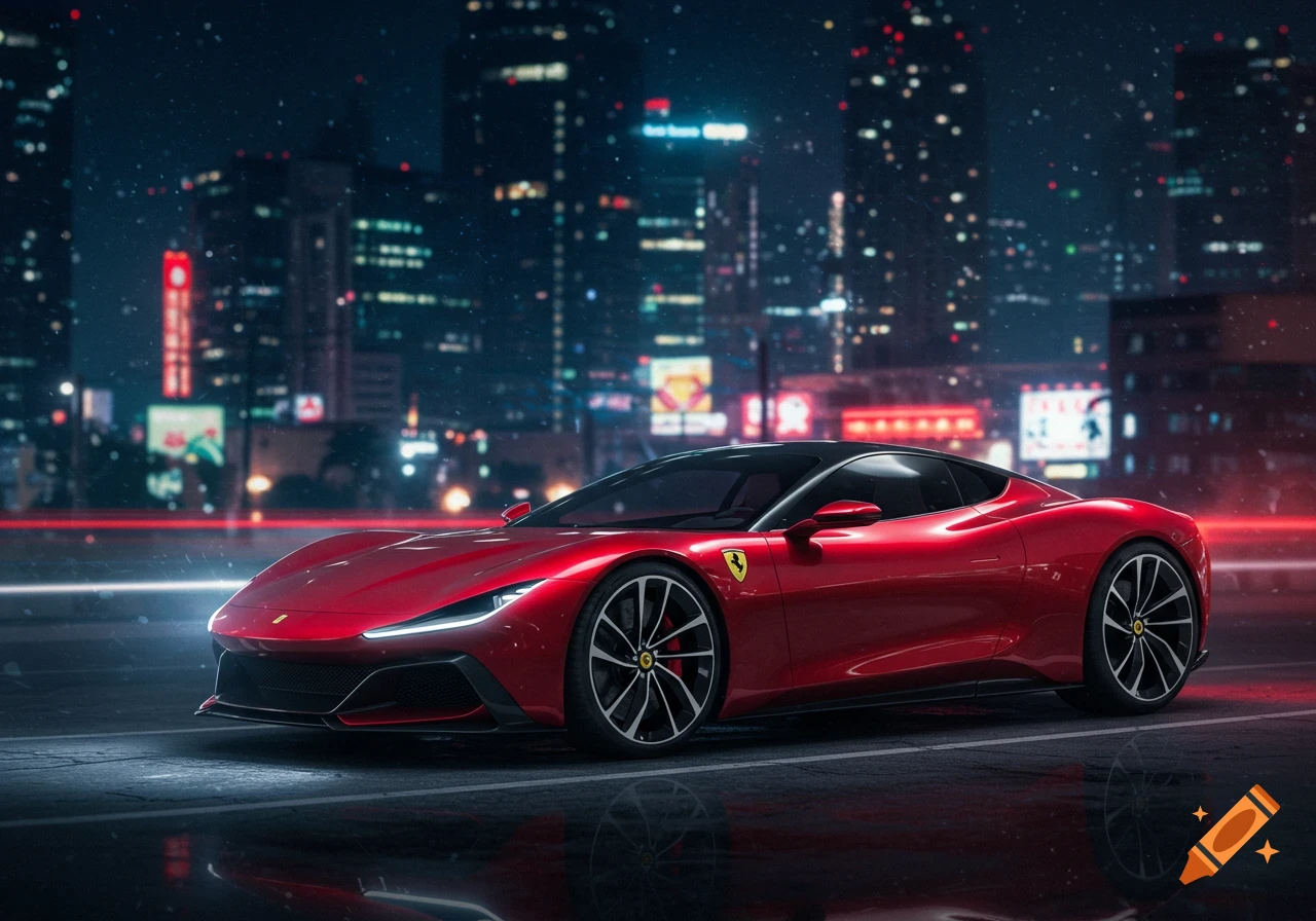 A black sports car with red racing stripes drives on a wet coastal road ...