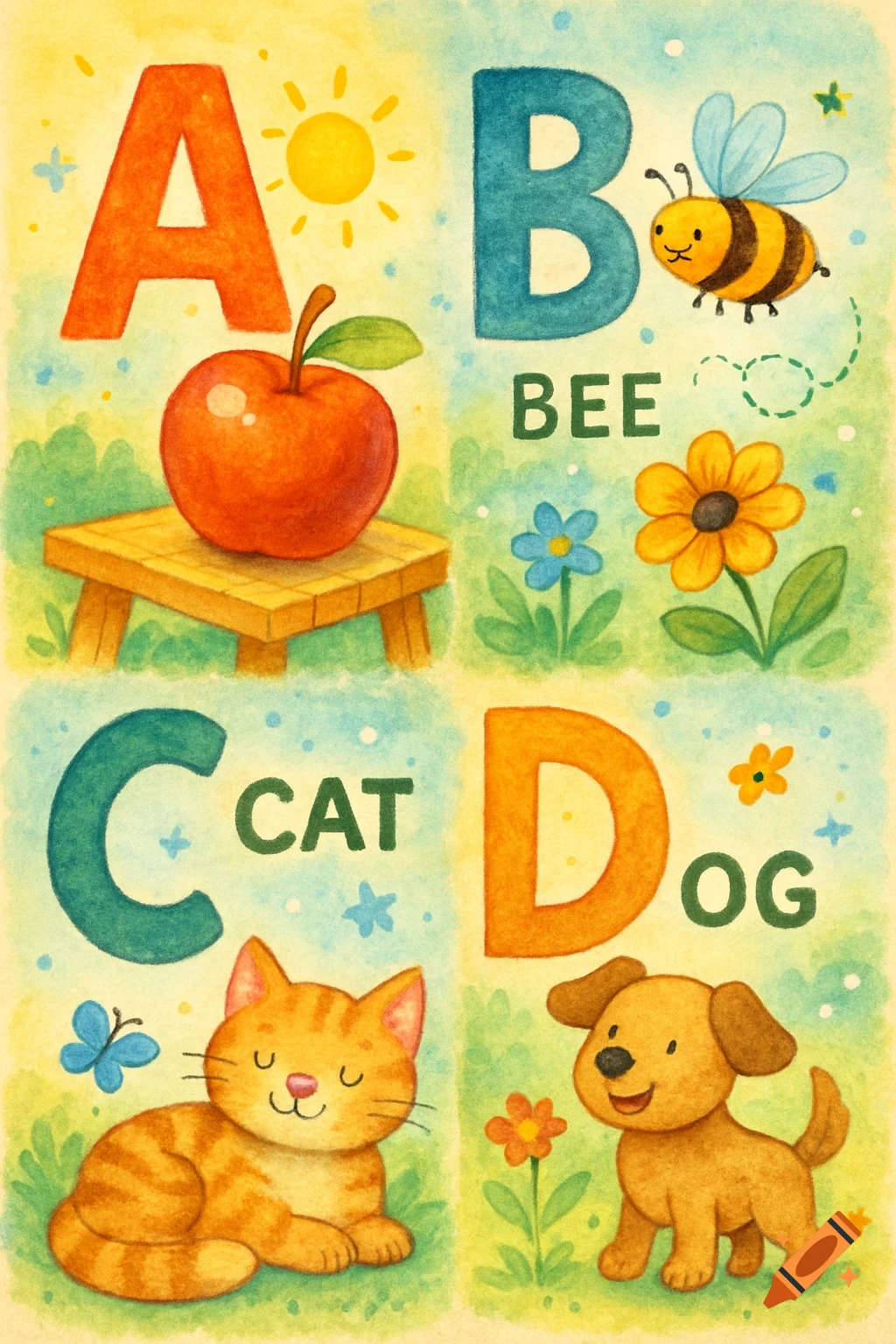 Watercolor alphabet chart with letters A, B, C, D alongside an apple ...