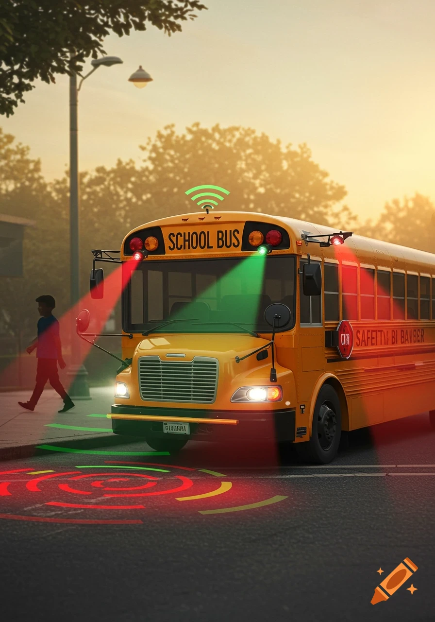 A school bus with active safety sensors projects green and red light ...