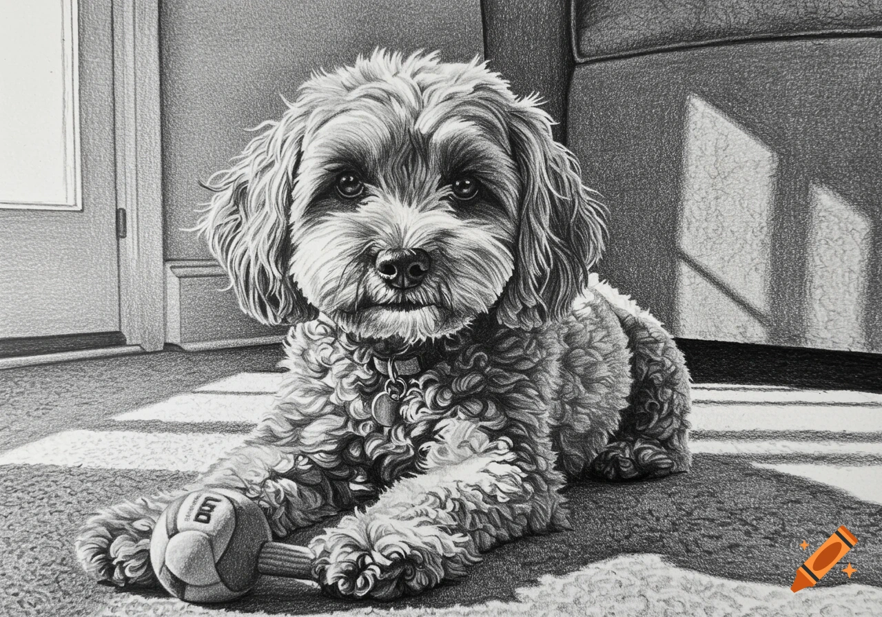 Detailed pencil drawing of a fluffy cockapoo dog lying on a carpet with ...