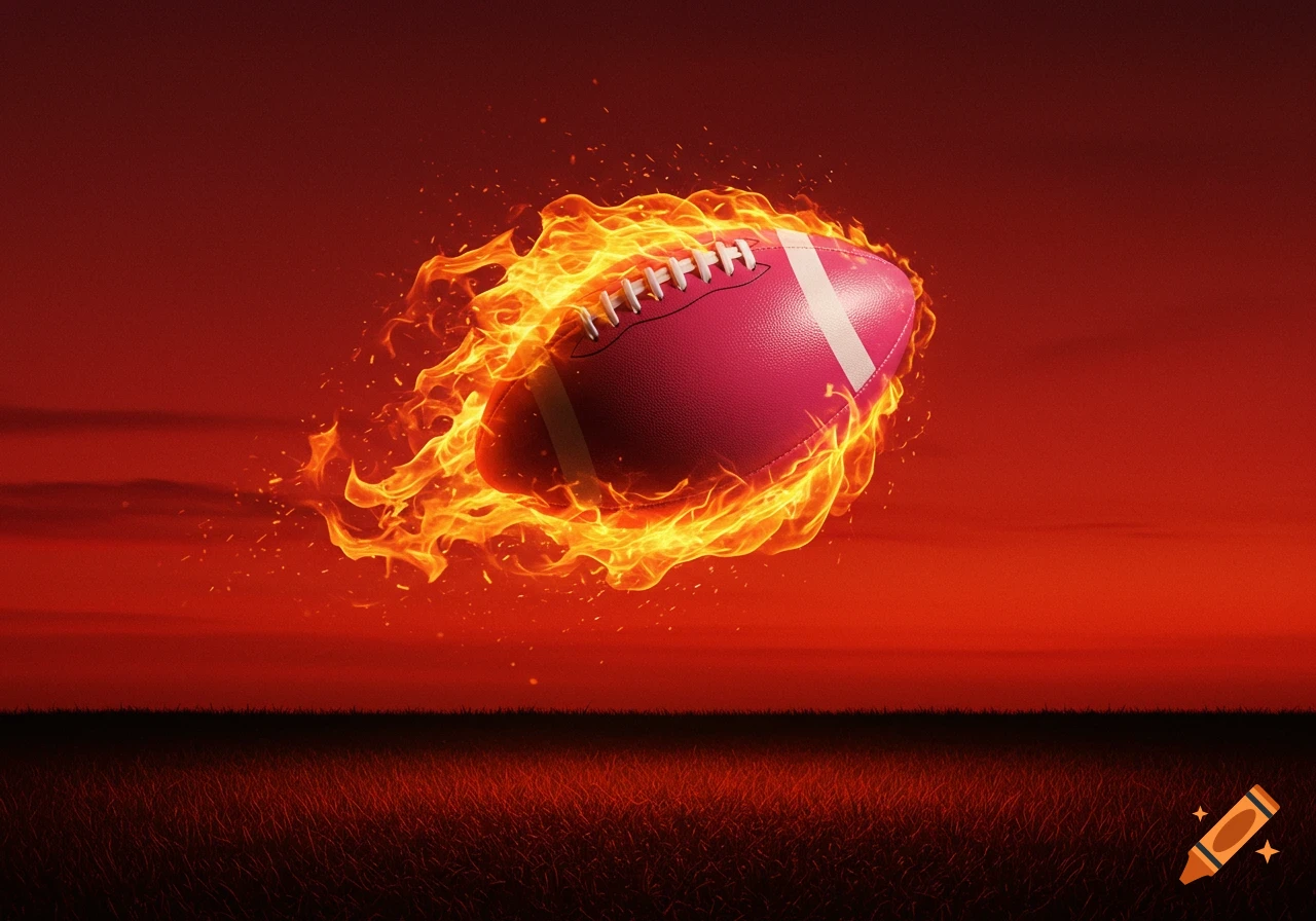 A pink football engulfed in flames flying over a dark field against a ...
