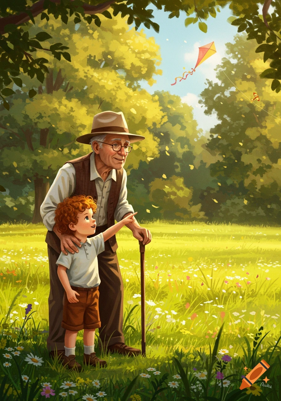An old man and a small boy fly a kite in a sunny field with trees in a ...