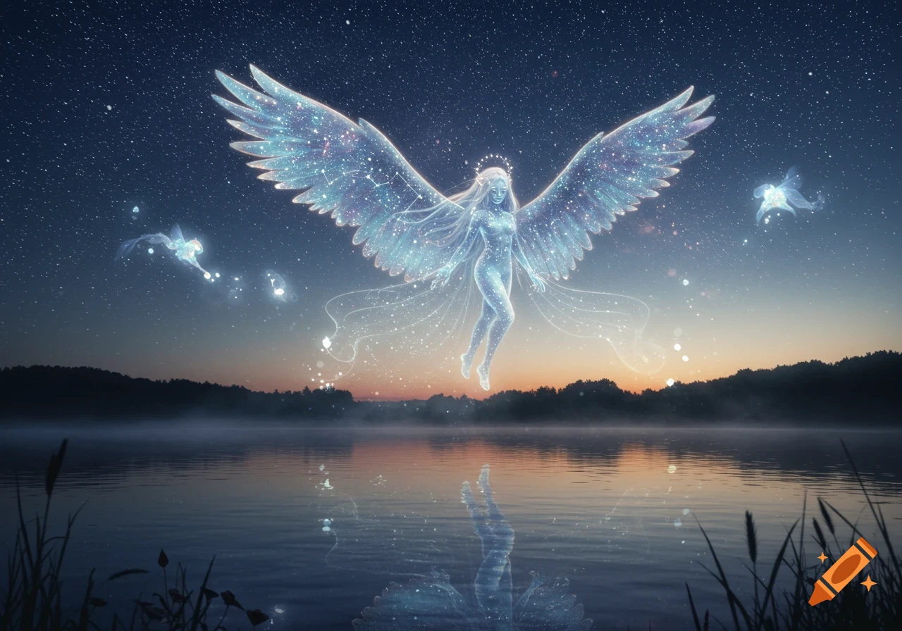Ethereal, glowing angel-like figure with large starry wings floats ...