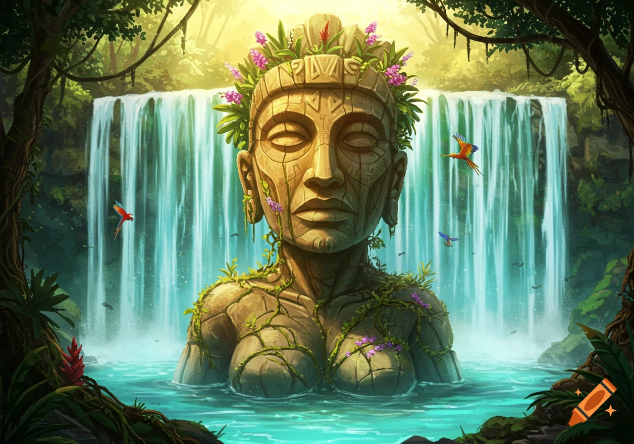 A colorful wooden Hawaiian tiki mask with glowing eyes, surrounded by ...