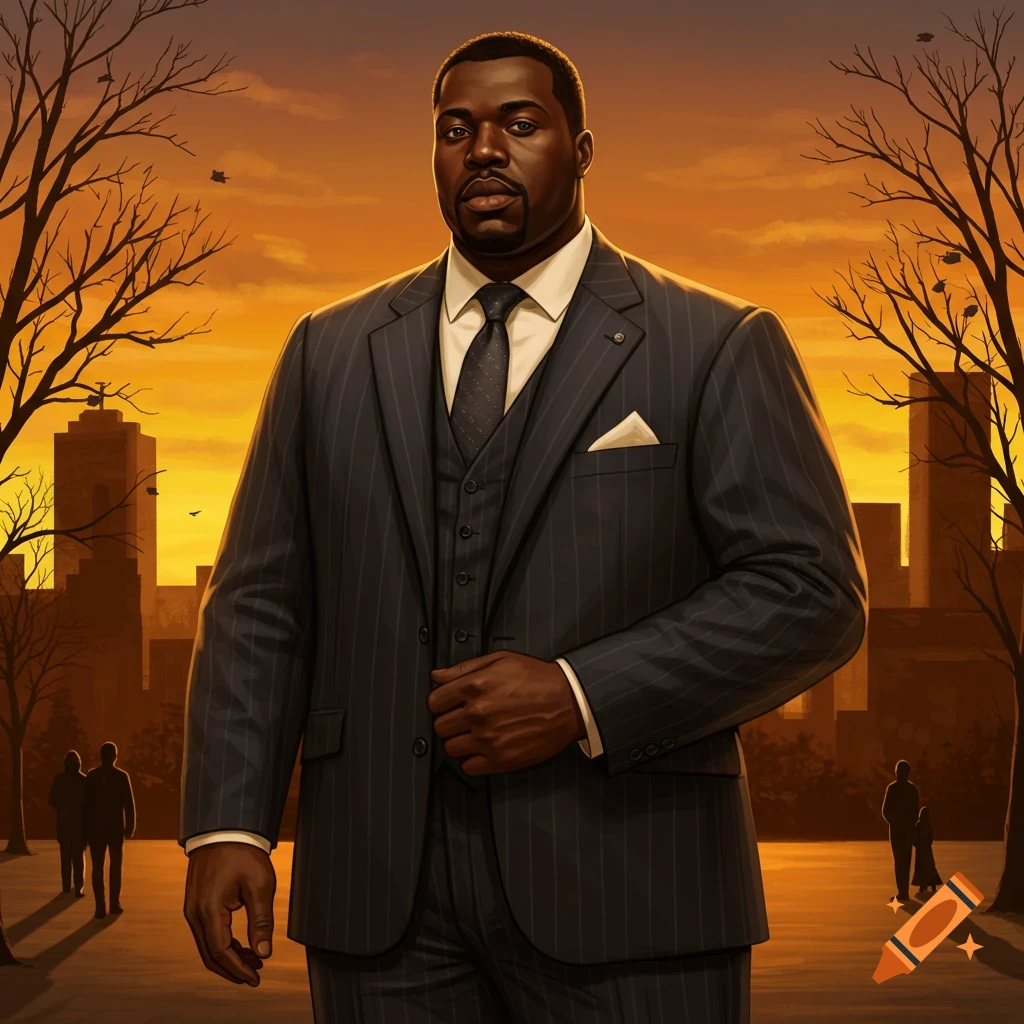 A man in a black suit and blue tie stands in a city street at sunset ...