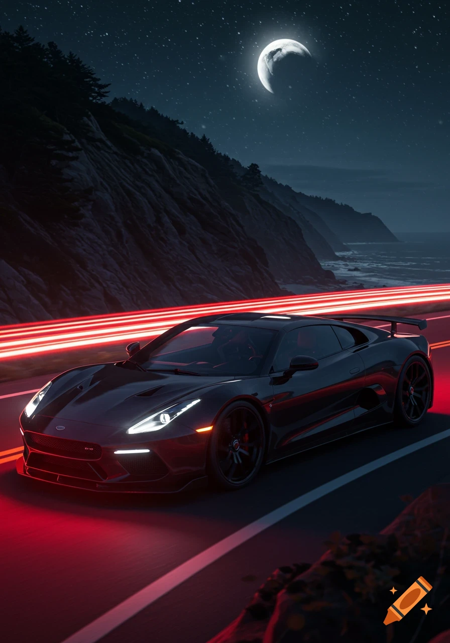 A photorealistic silver hypercar on a winding mountain road under a ...