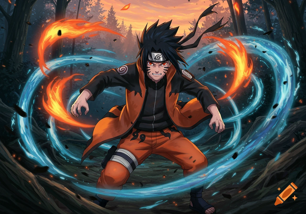 Naruto, an anime character, jumps in a forest, conjuring a glowing blue ...