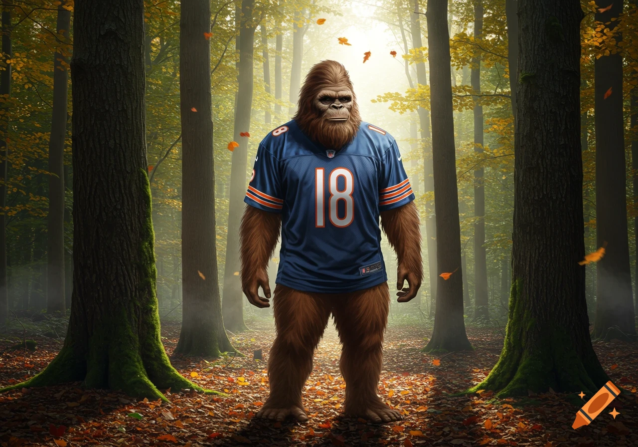 A photorealistic Sasquatch wearing a blue football jersey with the ...